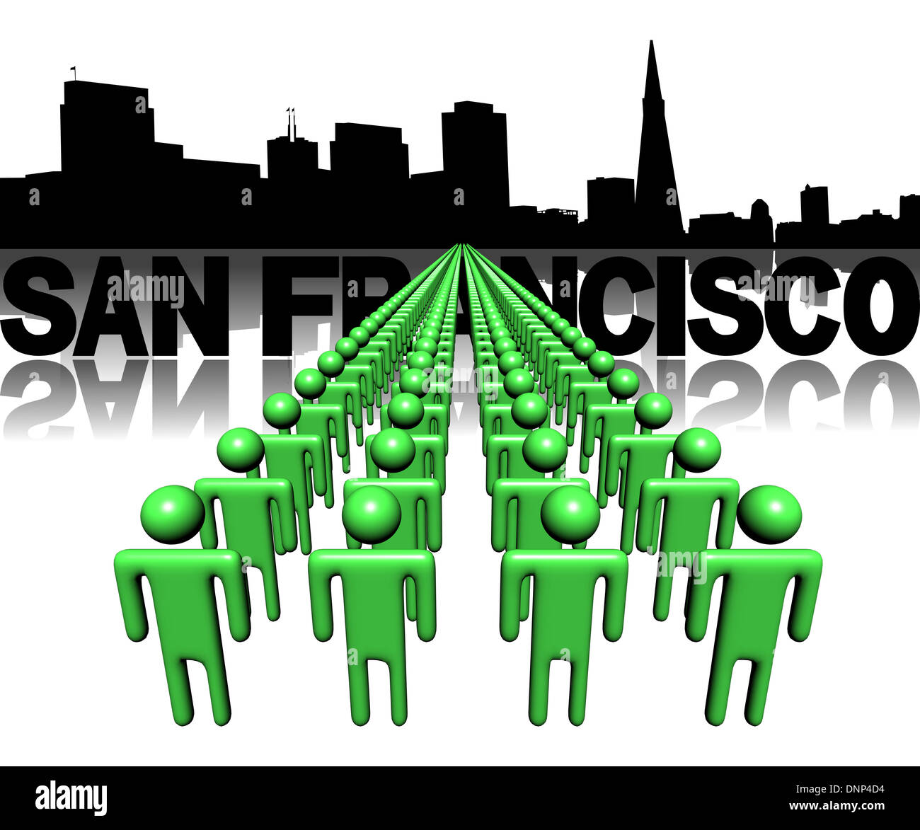 Lines of people with San Francisco skyline illustration Stock Photo - Alamy