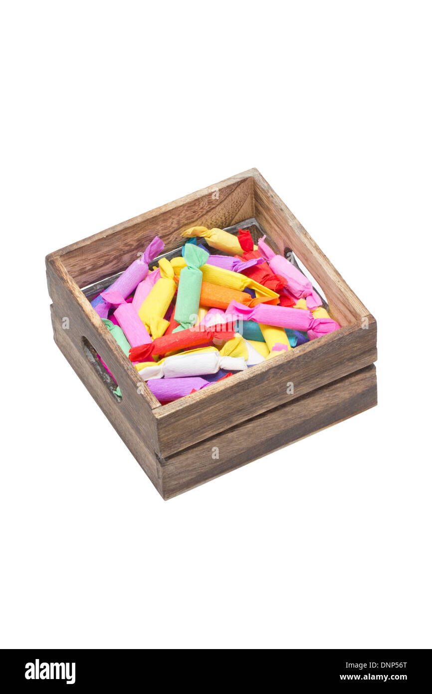 Colorful antique candy in wooden crate Stock Photo - Alamy