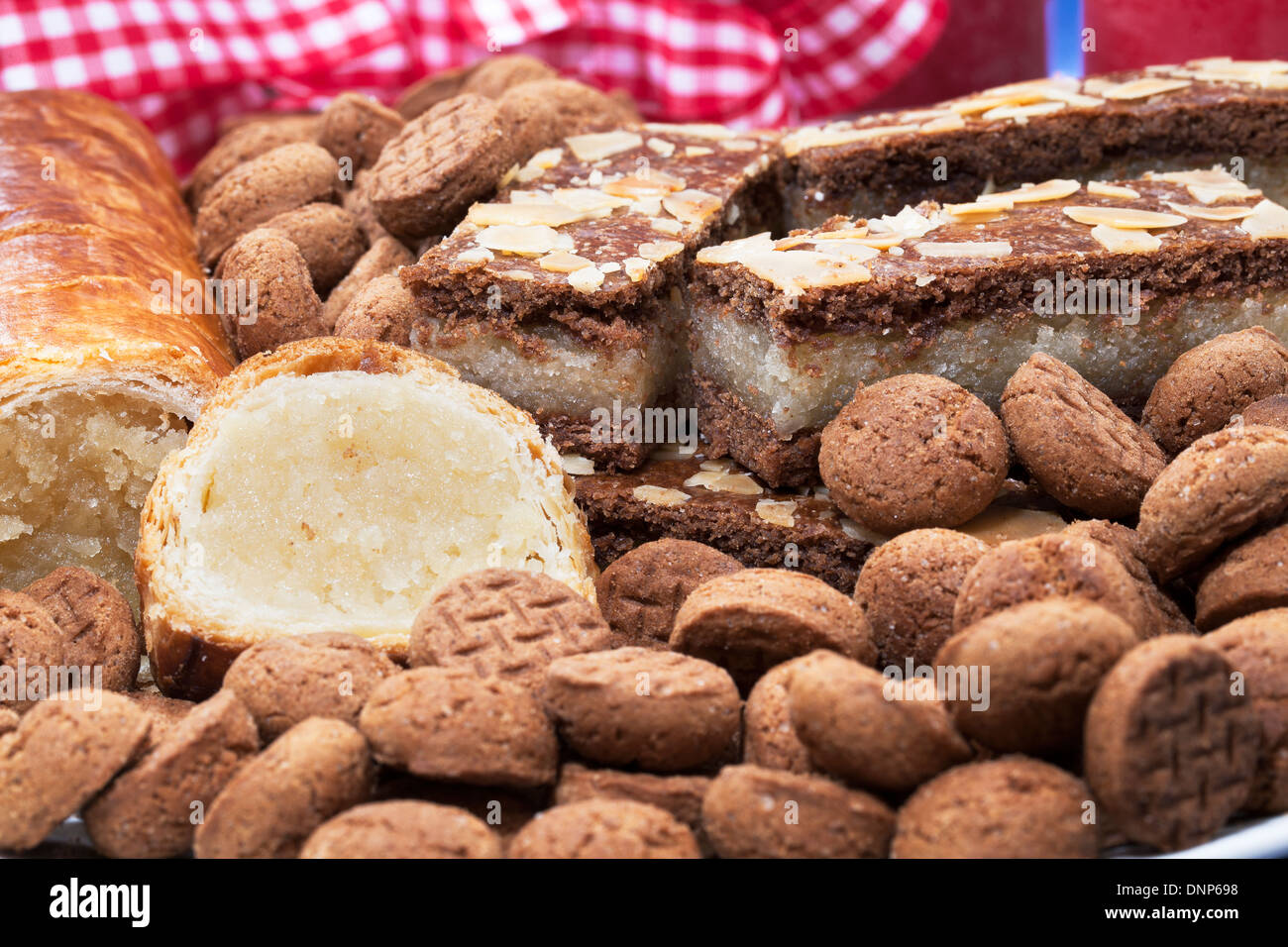 Dutch holiday treats: speculaas, kruidnootjes, almond loaf Stock Photo ...