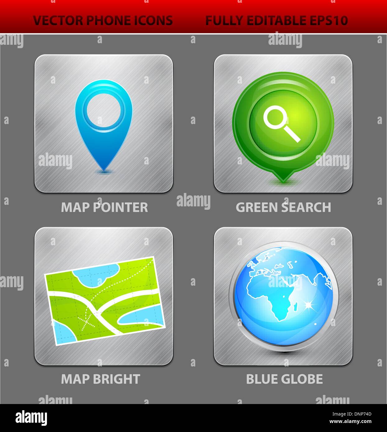 Vector mobile app icon set. Map and location, blue Earth globe Stock ...