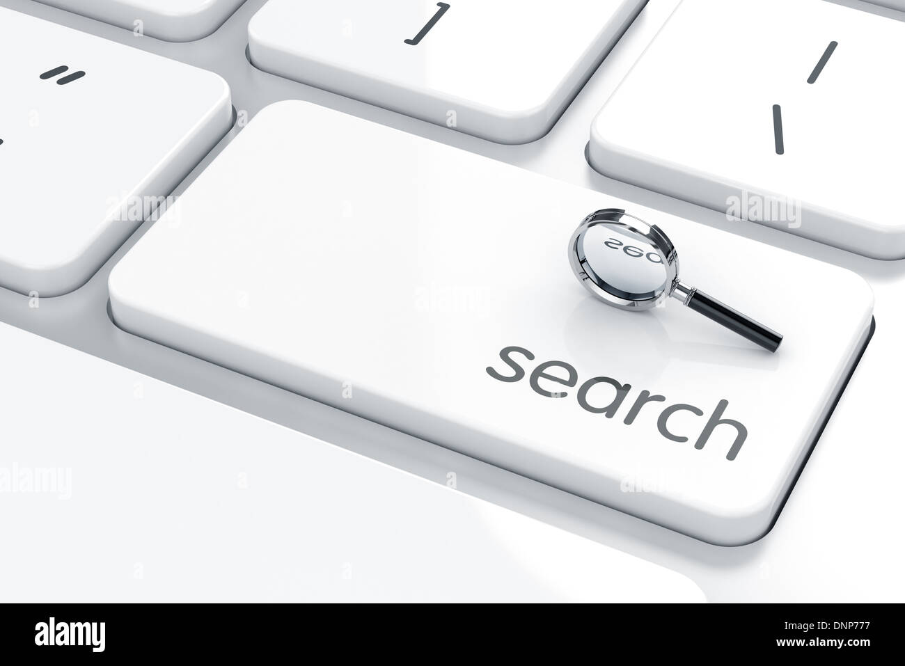 3d illustration of magnifying glass on the keyboard button. Search ...