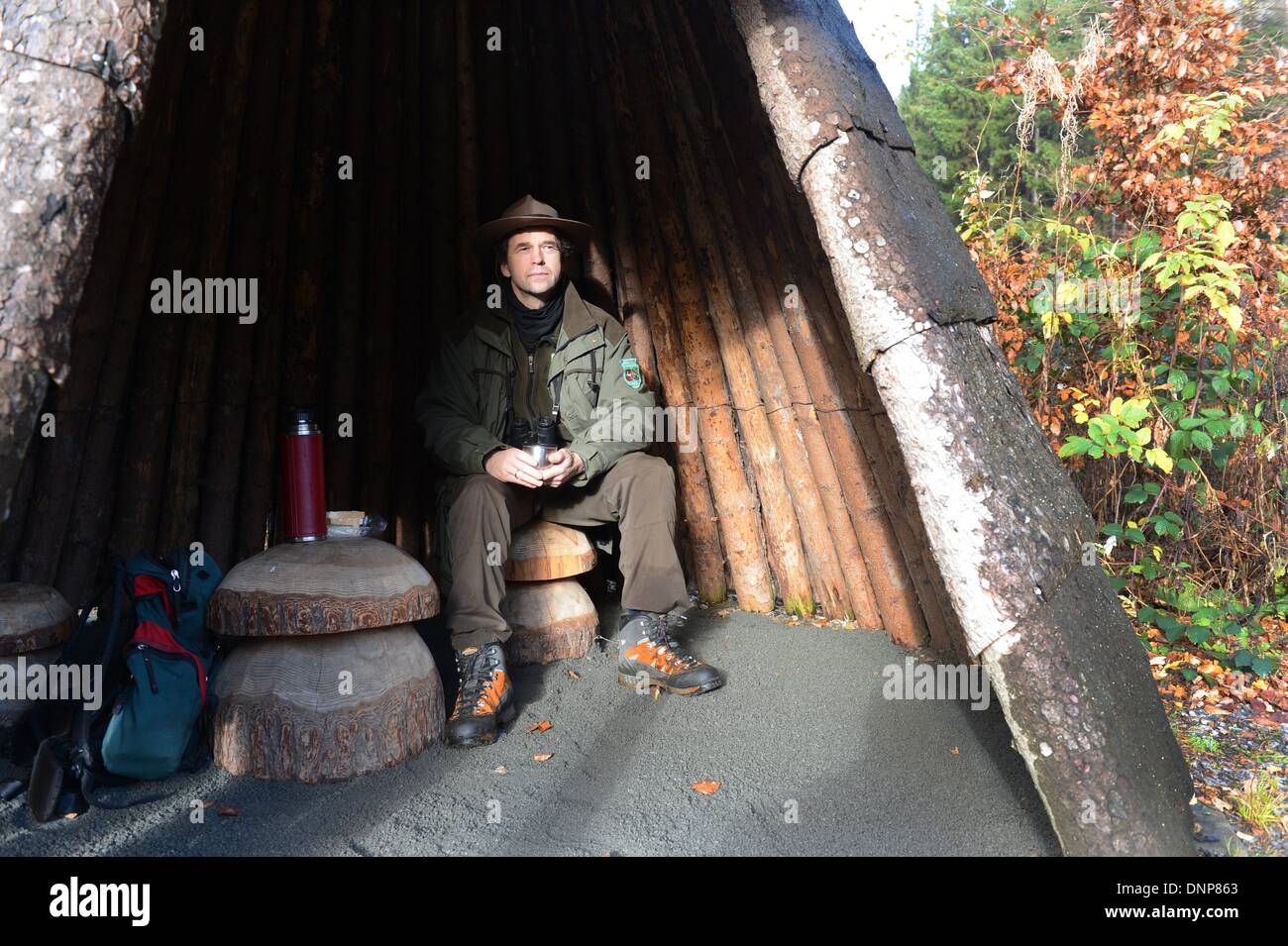 National park ranger Wolfgang Friedersdorf at his breakfast break in ...