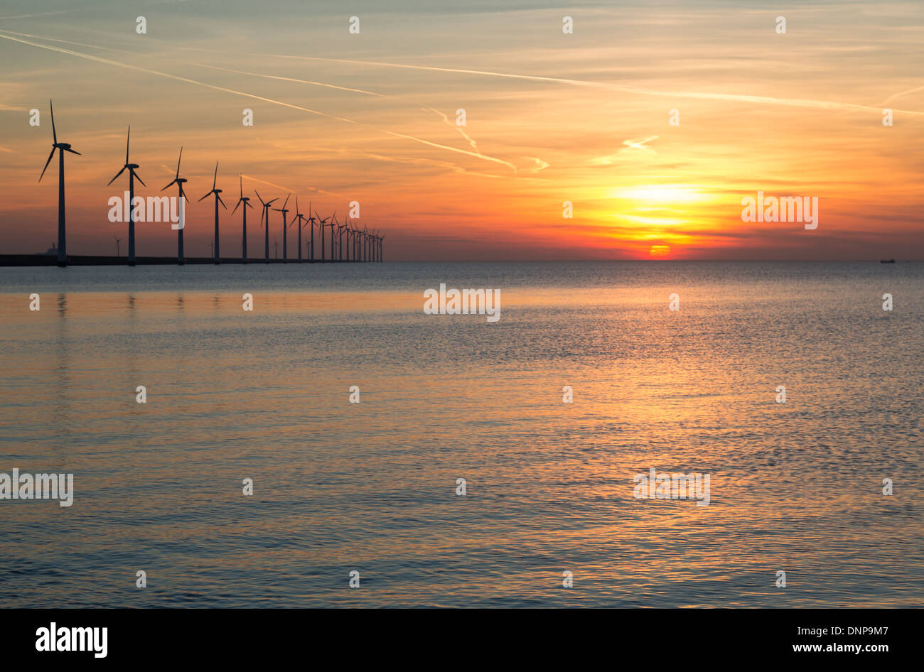 Dutch off shore wind turbines during a beautiful sunset Stock Photo - Alamy