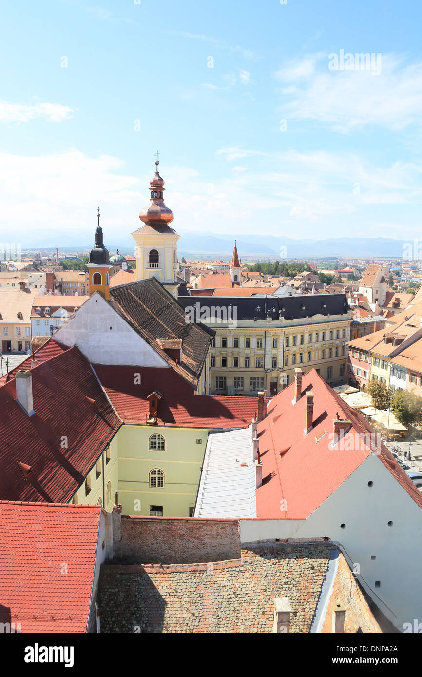 The view of the charming, medieval centre of Sibiu, from the Council ...