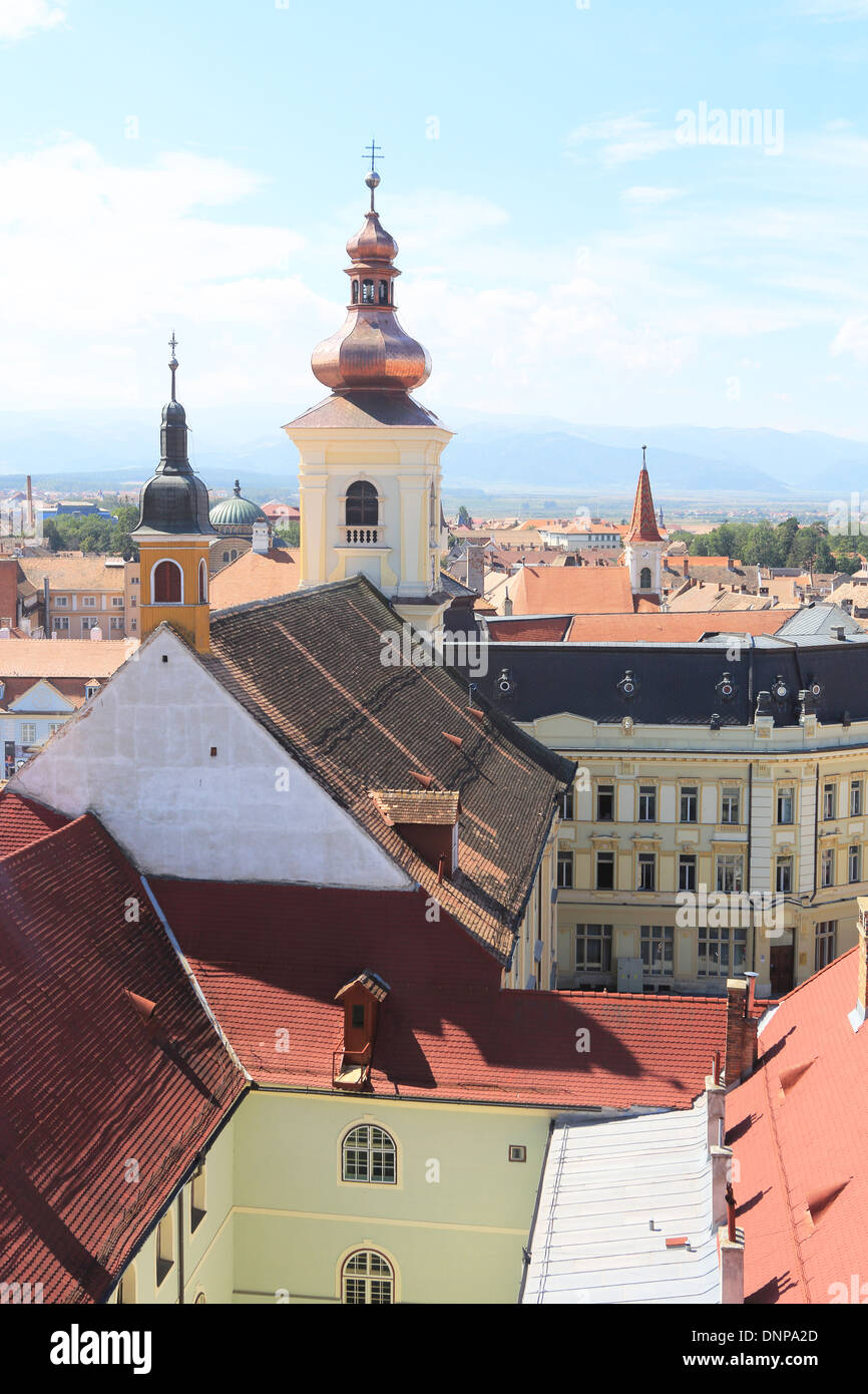 The view of the charming, medieval centre of Sibiu, from the Council ...