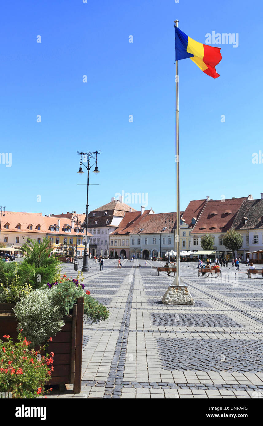 The Romanian flag flying on Piata Mare - the Large Square - in Sibiu ...