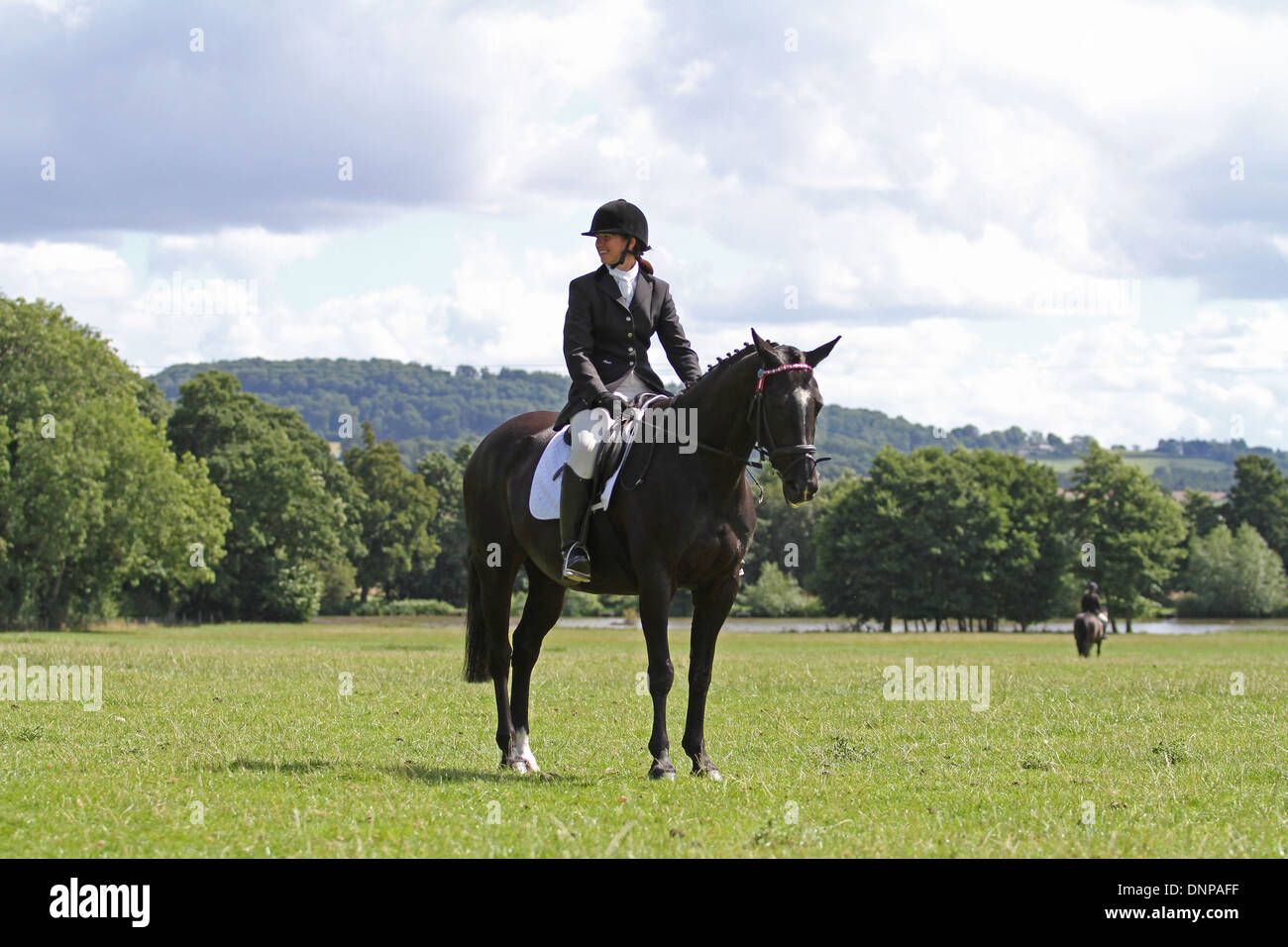 Horse and rider working in before a dressage competition Stock Photo ...