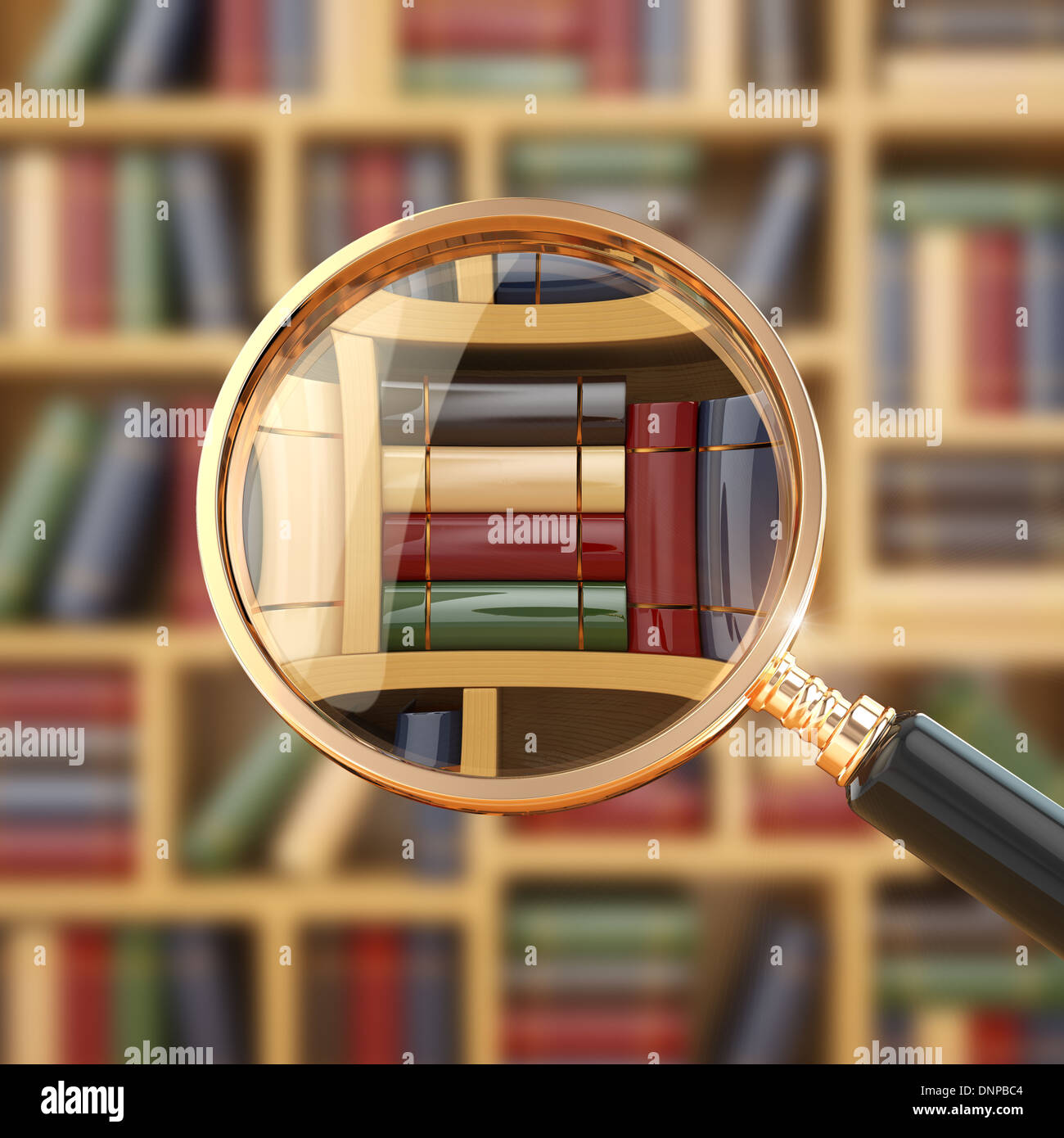 Searching in library. Loupe and books. 3d Stock Photo - Alamy
