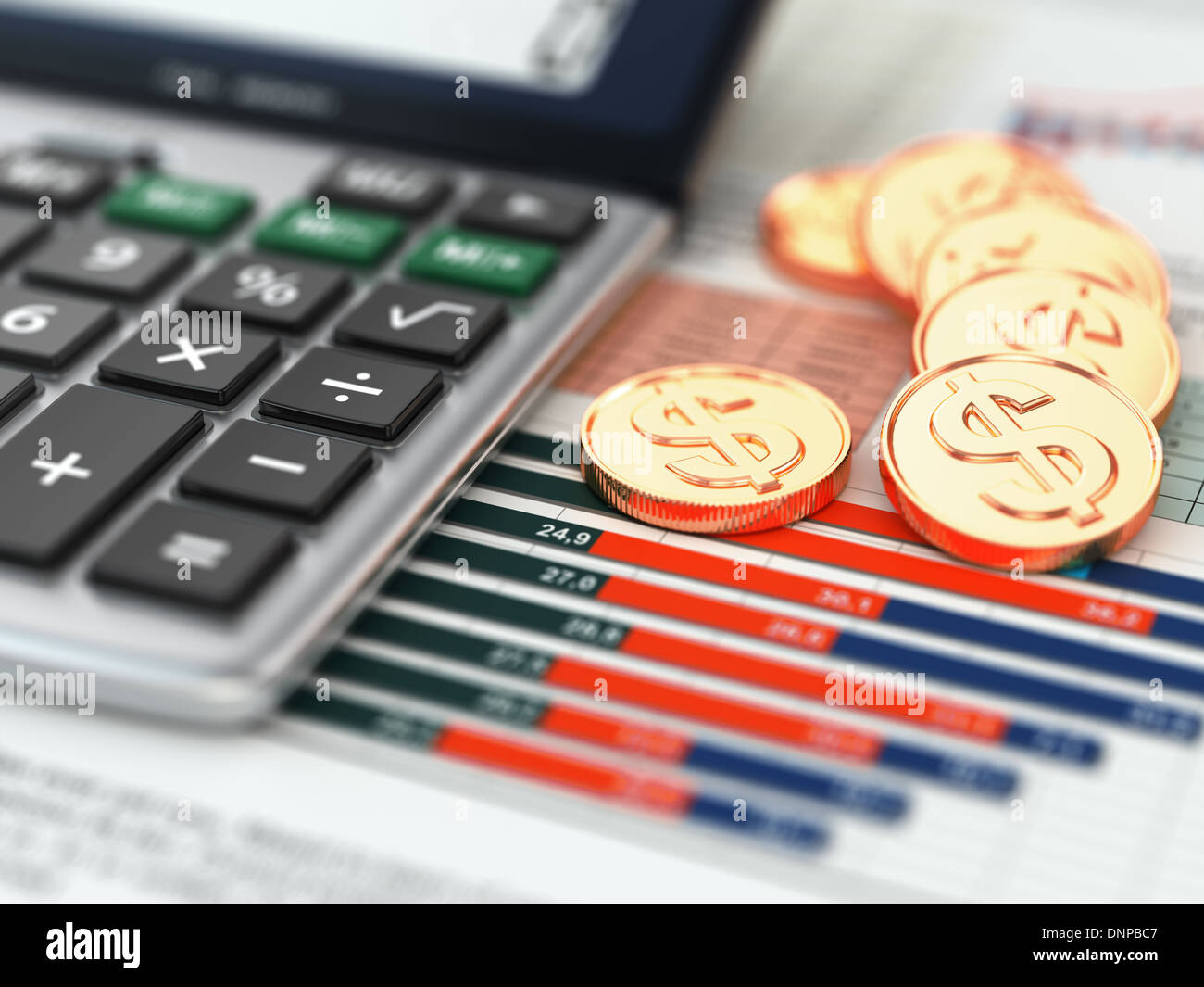 Financial concept. Calculator, coins and graph. 3d Stock Photo - Alamy