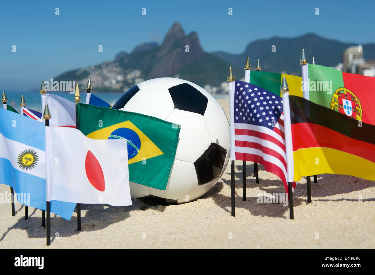 International football country flags with soccer ball on Ipanema beach ...