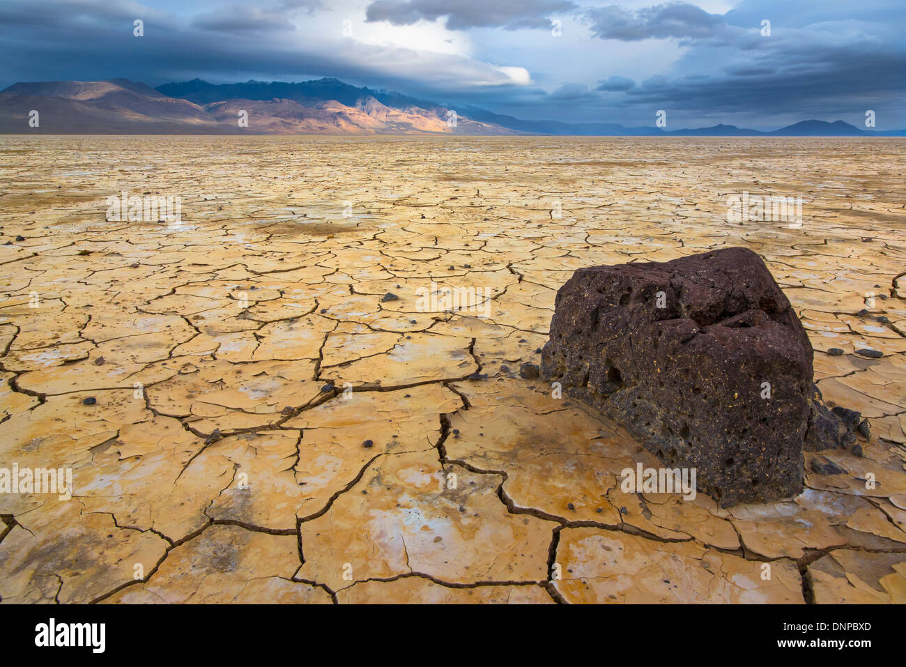 USA, Eastern Oregon, Alvord Playa, Stormy clouds over cracked earth ...