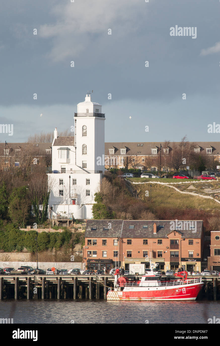 North Shields lighthouse, the High Light, and fishing vessel, north ...