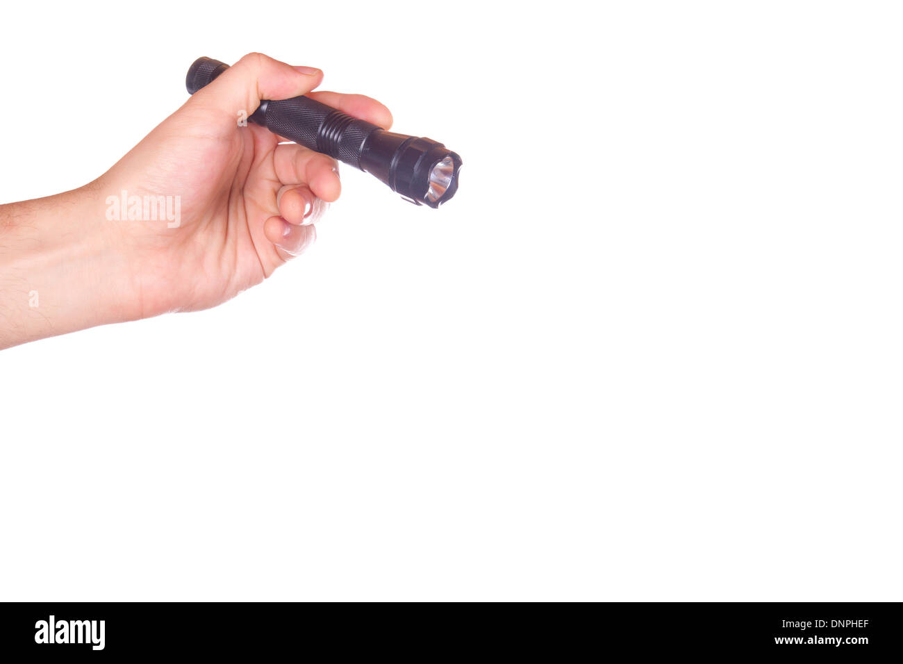 hand holding a flashlight isolated on white background Stock Photo - Alamy
