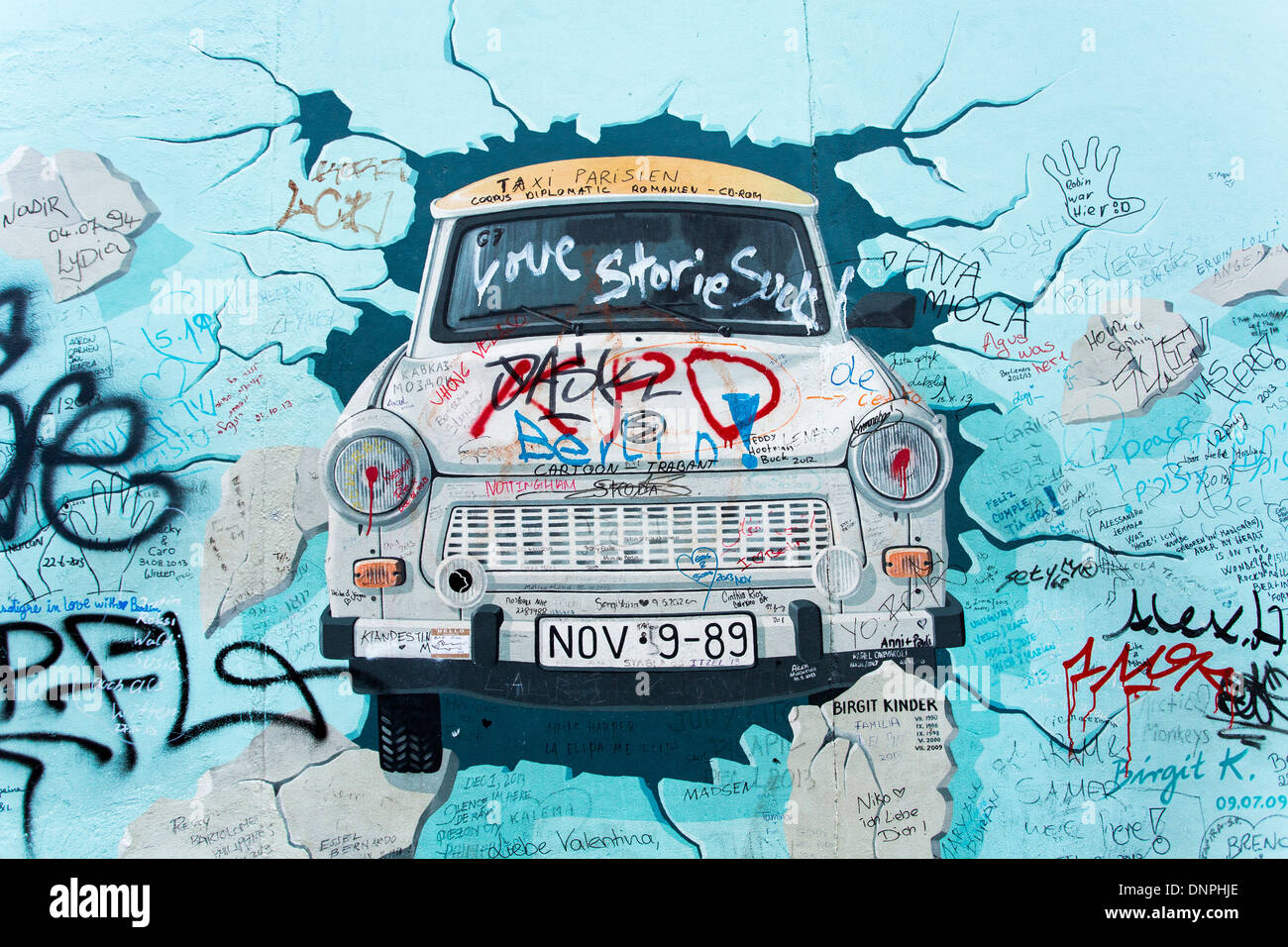 06/12/2013 Trabant breaking thru the Berlin Wall mural. Berlin, Germany ...