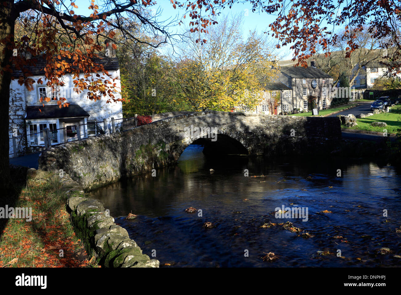 Autumn, Stone bridge over Malham Beck, Malham village, Malhamdale ...
