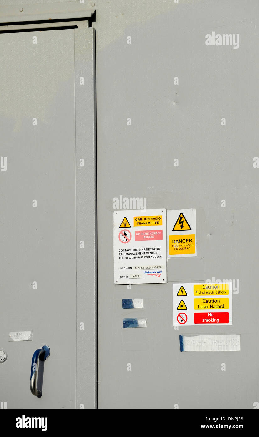 Safety and warning signs attached to a metal distribution box Stock ...