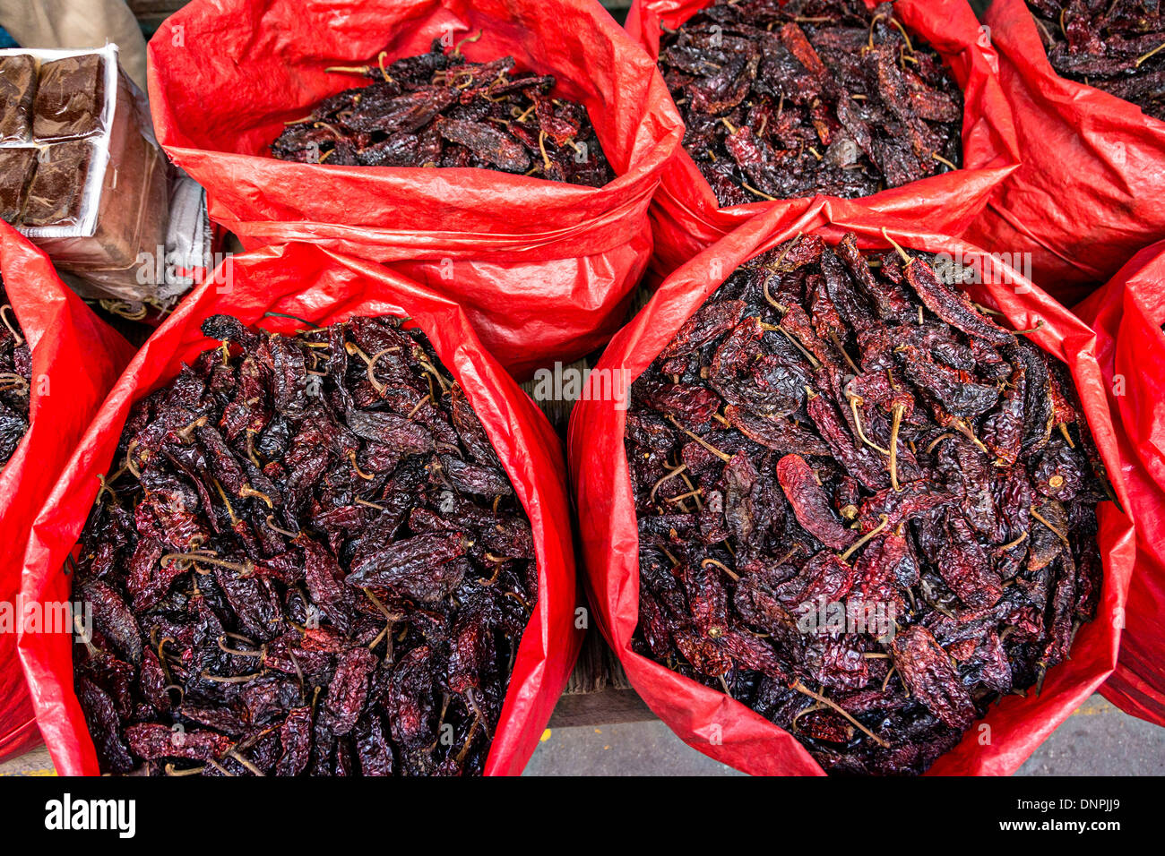 Dried red Gaujillo peppers at Benito Juarez market in Oaxaca, Mexico ...