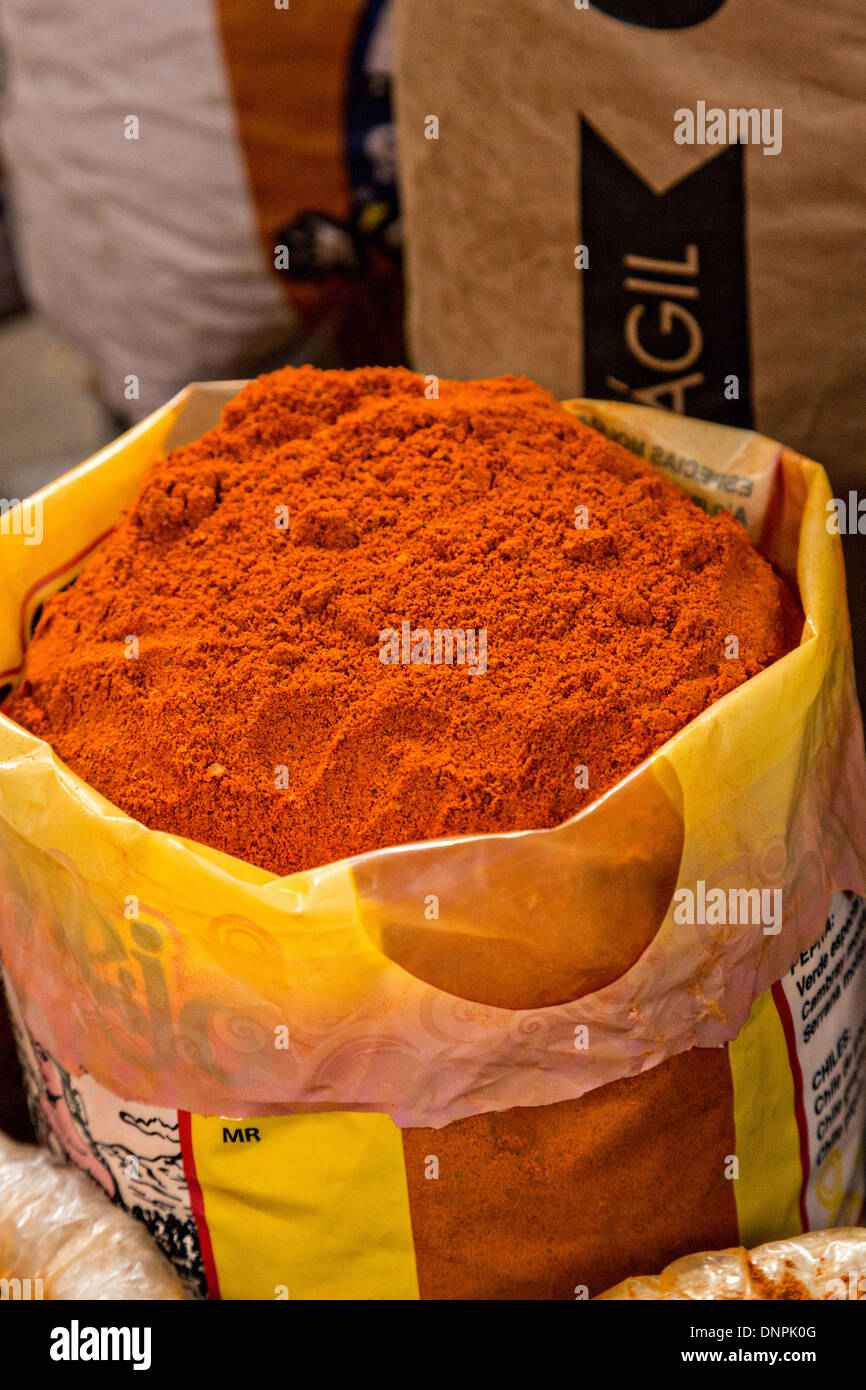Ground chili peppers powder at Benito Juarez market in Oaxaca, Mexico ...
