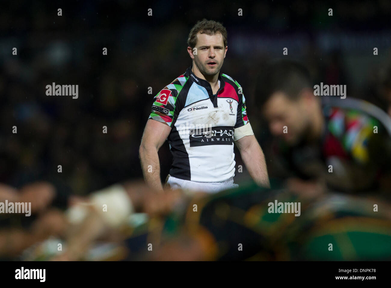 Northampton, UK. 03rd Jan, 2014. Nick EVANS (Harlequins) looks on at a ...