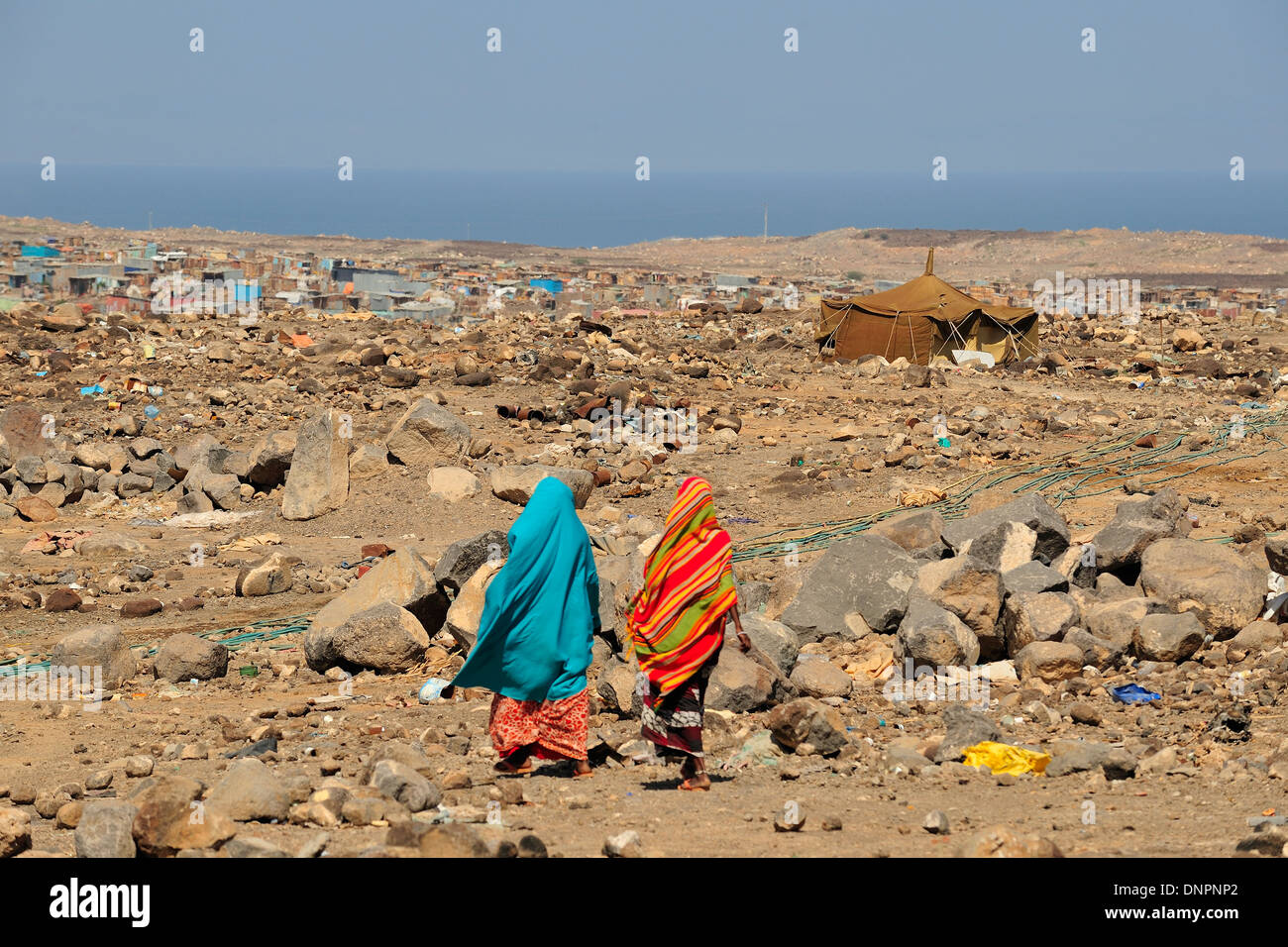 Two Djiboutian women walking to Balbala district near Djibouti city ...