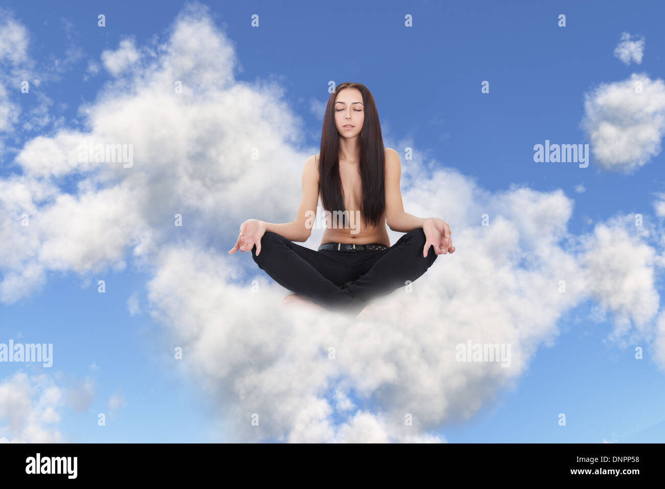 bare girl sitting on cloud in yoga pose Stock Photo - Alamy