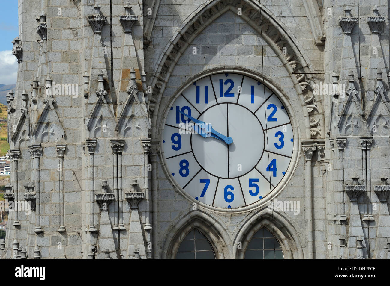 Clock of a tower of Basilica of the National Vow, Quito city, capital ...