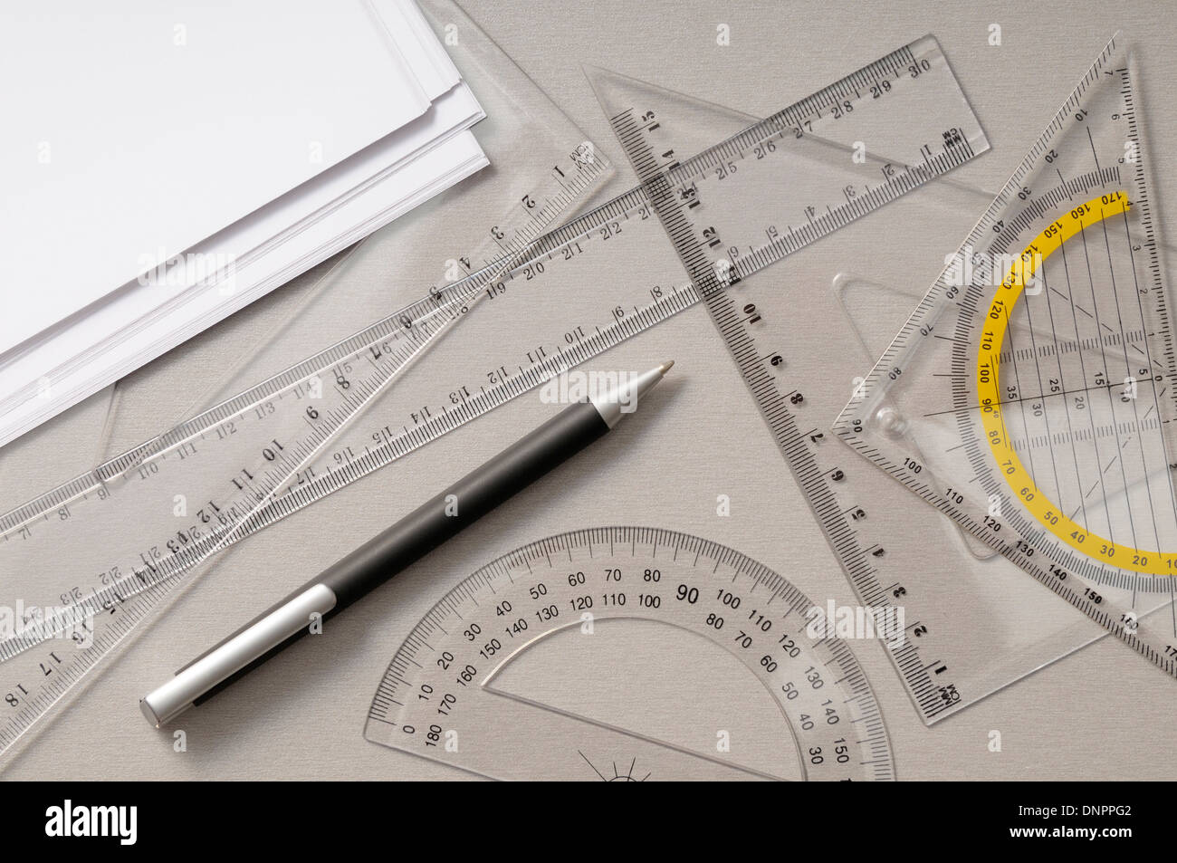 Overhead View of Geometry Set Tools with Pen and Paper, Studio Shot ...