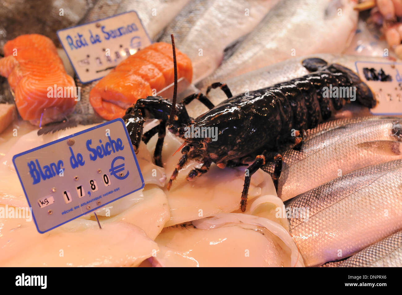 Fish shop in the covered market in Royan, Charente-Maritime, France ...
