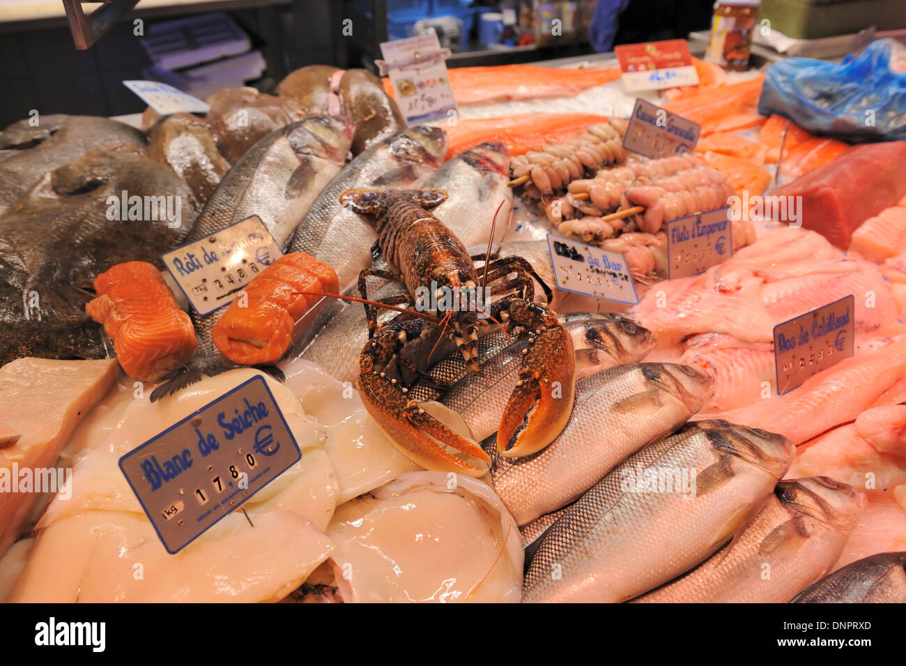 Fish shop in the covered market in Royan, Charente-Maritime, France ...