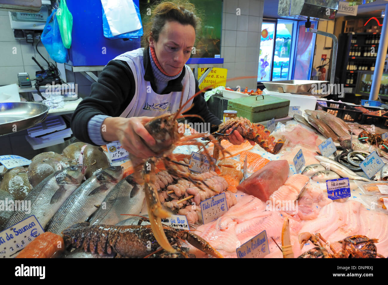 Fish shop in the covered market in Royan, Charente-Maritime, France ...