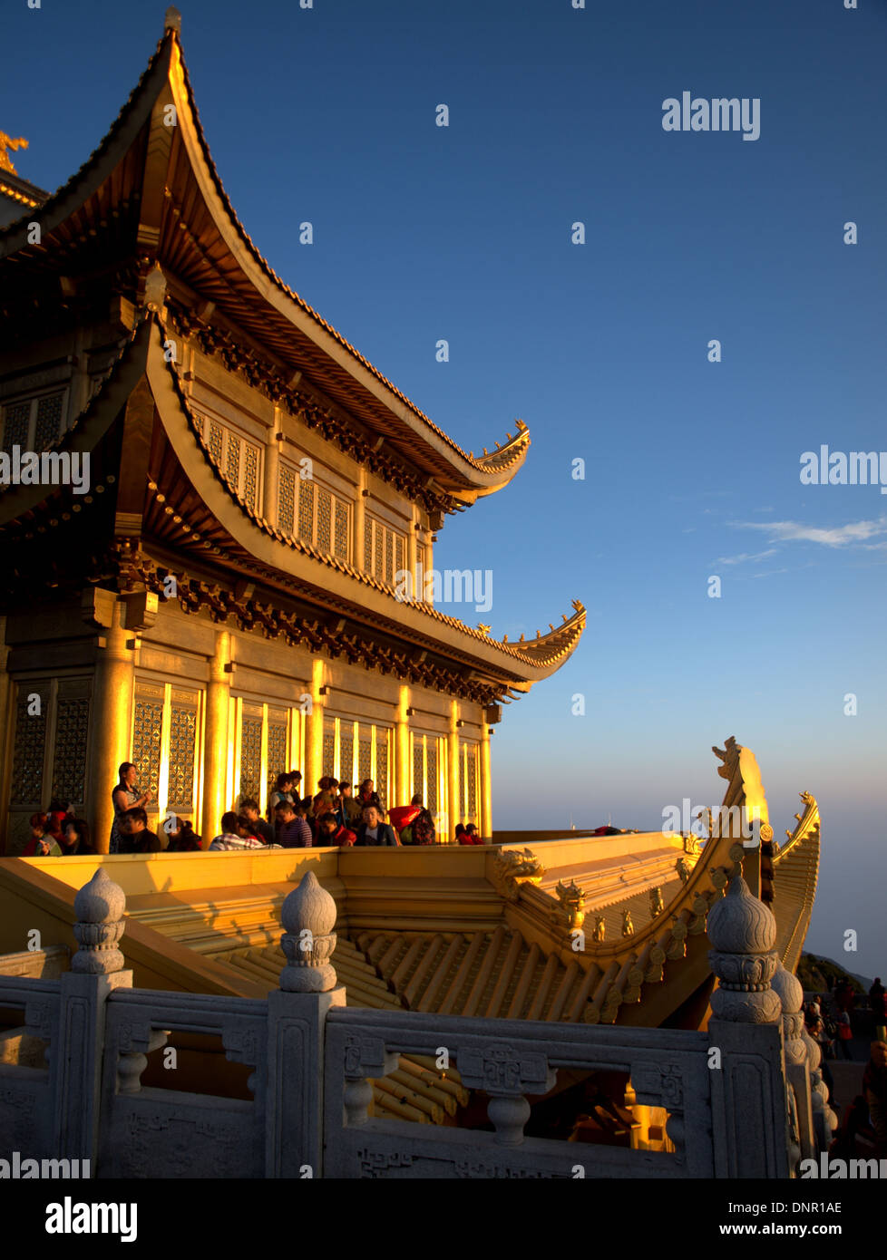 Sunrise dawn temples at the Golden summit of Mount Emei, Emei Shan ...