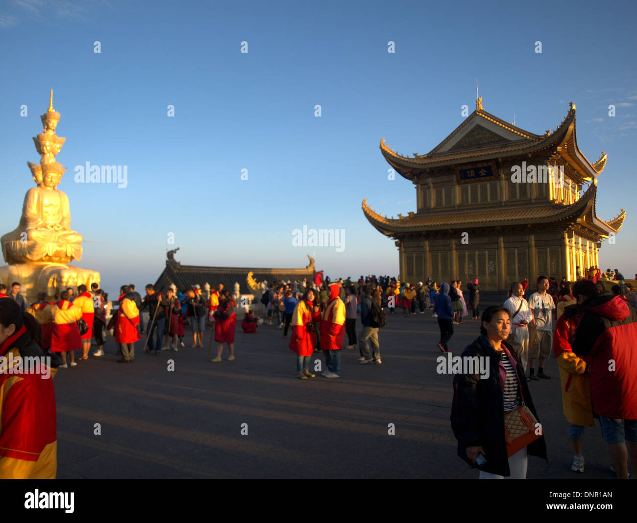 Sunrise dawn temples at the Golden summit of Mount Emei, Emei Shan ...
