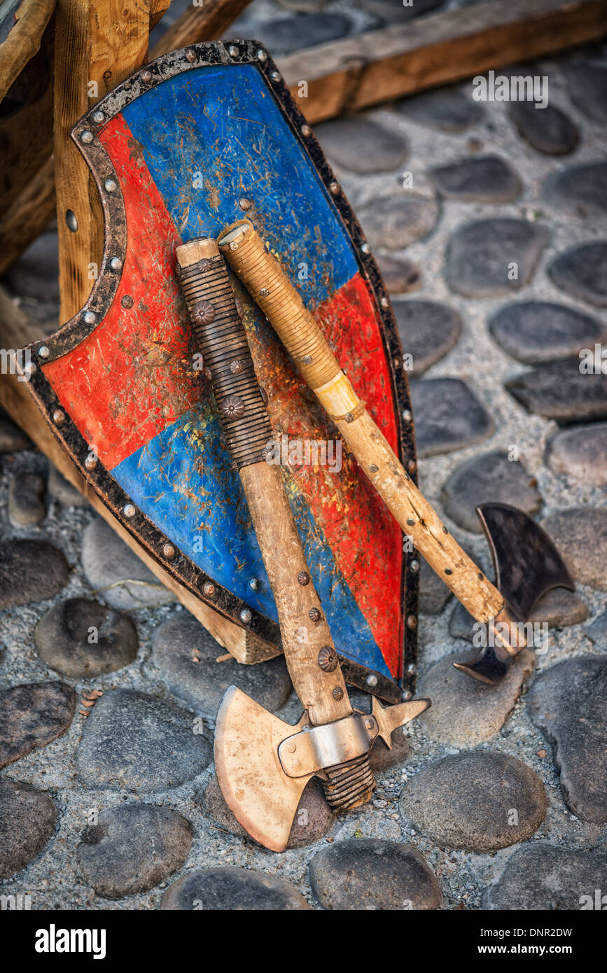 Shield and axe Stock Photo - Alamy