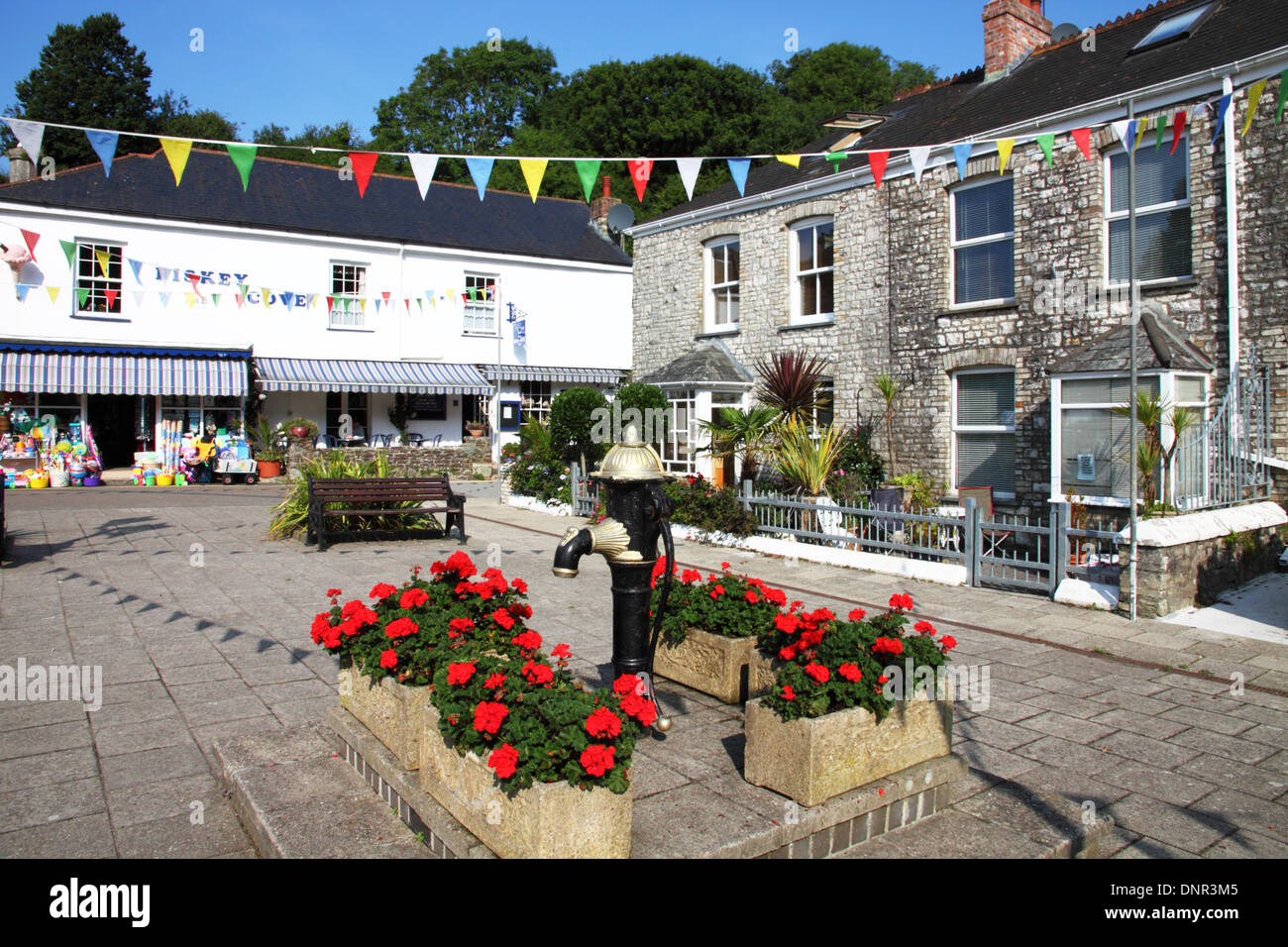 A village square with flowers, a pump and lamp post Stock Photo - Alamy