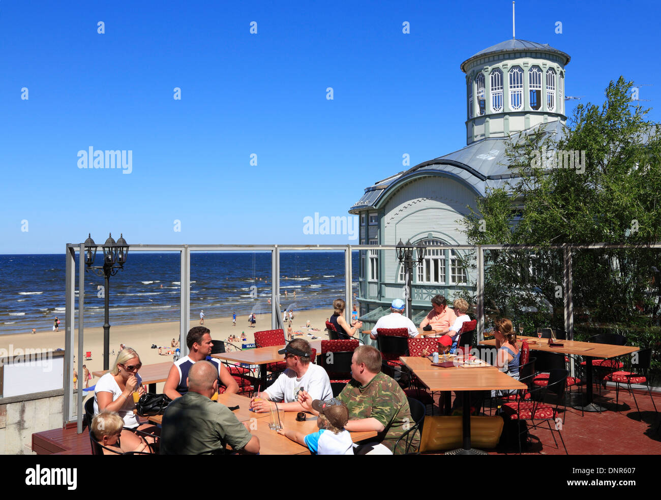 Cafe terrace near the Art Nouveau Bath at Majori beach, baltic sea ...