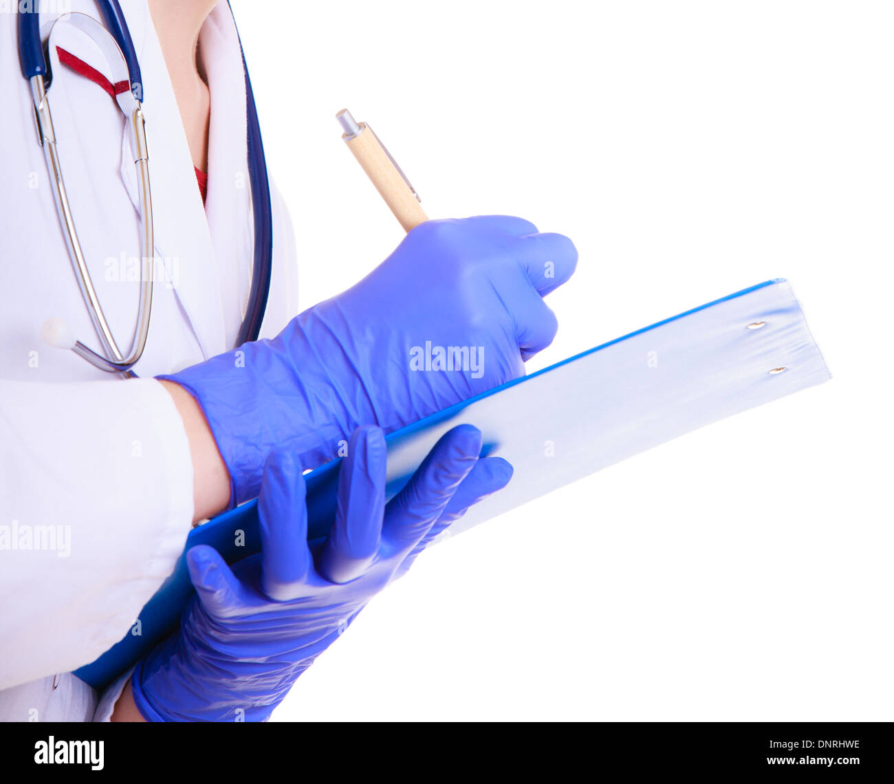 Female hands in gloves of doctor writing with pen on clipboard. Medical ...