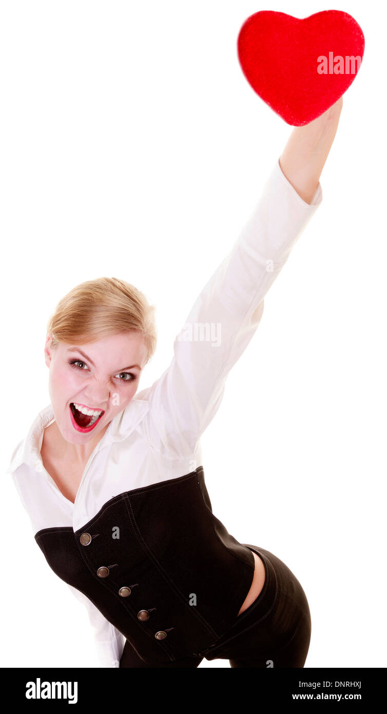 Emotional woman blonde businesswoman screaming with red heart love ...