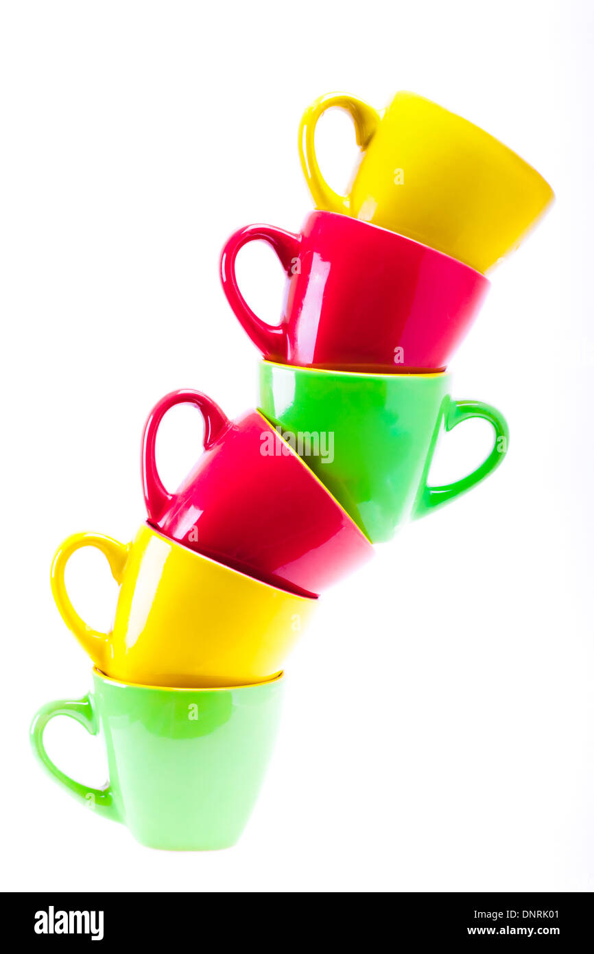 Yellow, Red, Green Color Cups. Leaning Tower Stack Of Clean Different ...