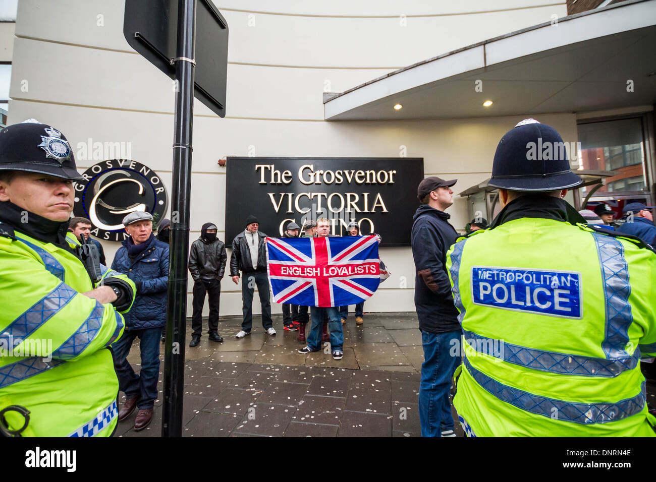 English Defence League (EDL) supporters protest in Edgware Road, London ...