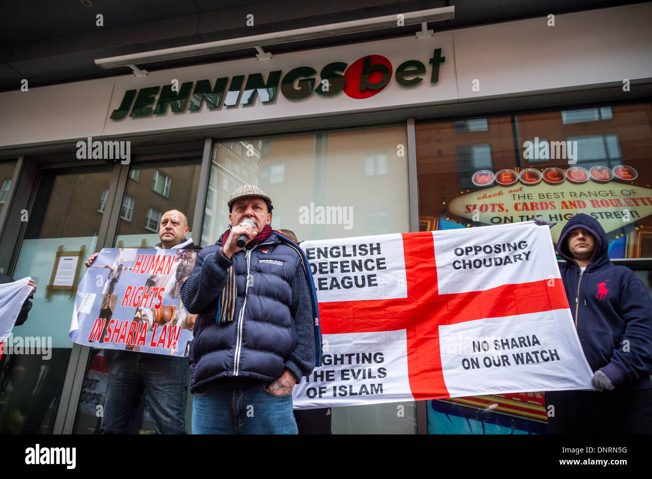 English Defence League (EDL) supporters protest in Edgware Road, London ...