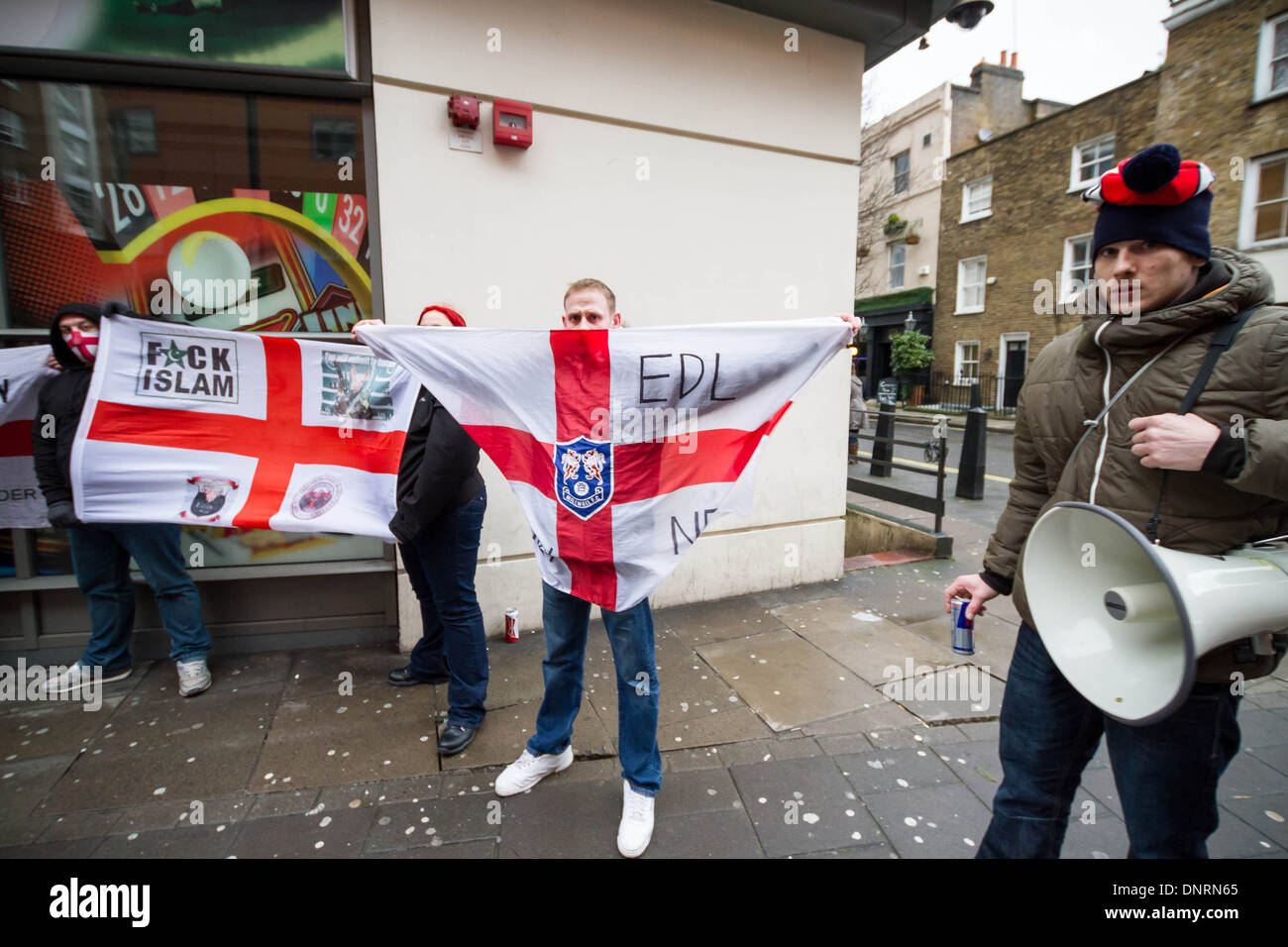 English Defence League (EDL) supporters protest in Edgware Road, London ...