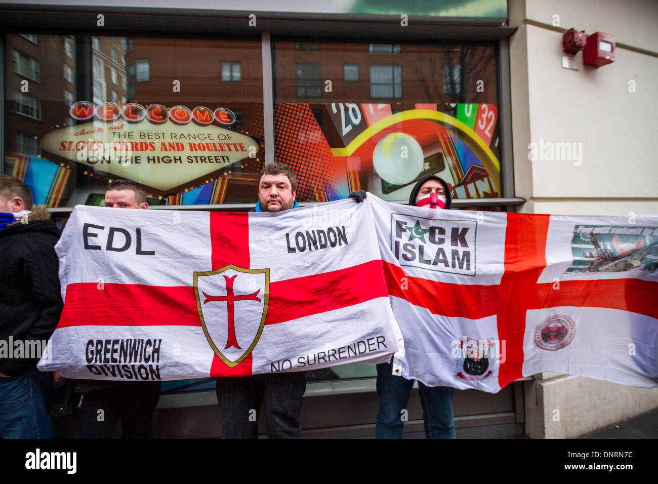 English Defence League (EDL) supporters protest in Edgware Road, London ...