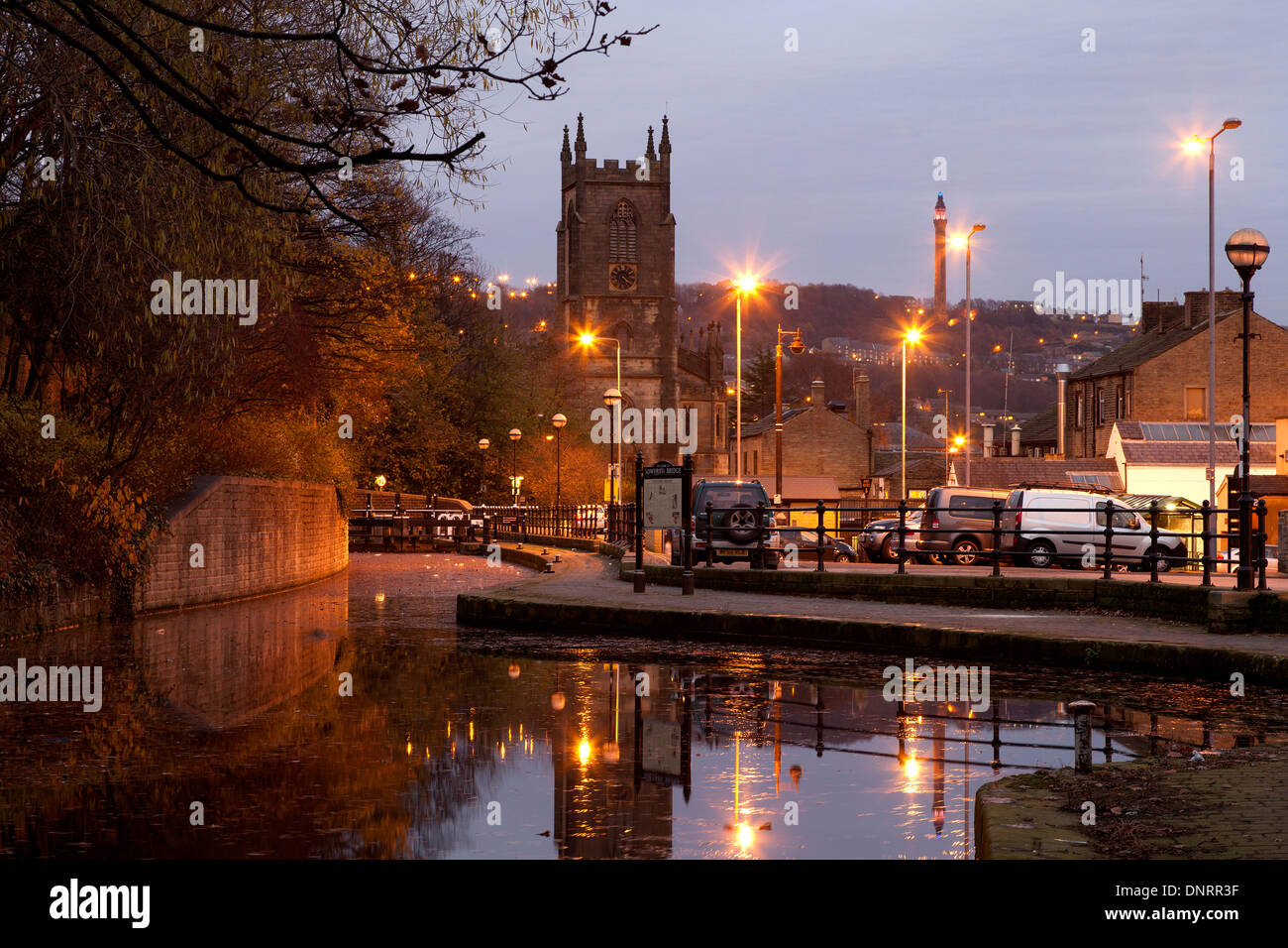 Rochdale Canal and Christ Church at dusk, Sowerby Bridge, West ...