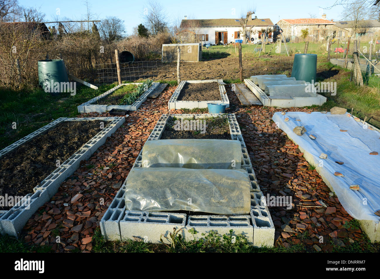 Raised beds with plastic cloches and fleece to warm the soil before ...