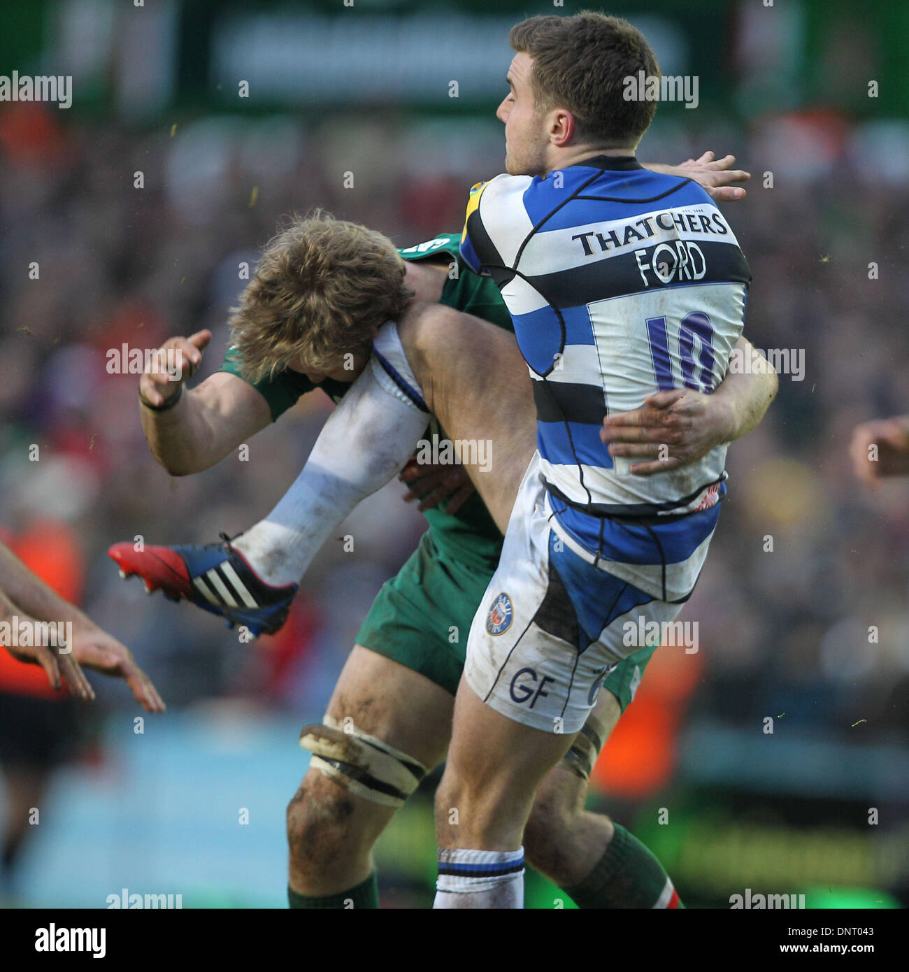 Leicester, UK. 05th Jan, 2014. George Ford (Bath) knee connects with ...