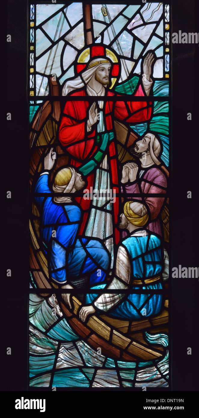 Christ stilling the waves. South window (detail). Church of Saint ...