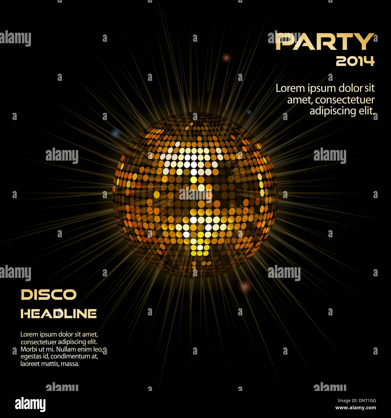 Disco ball background in glowing gold on with sample text Stock Photo ...