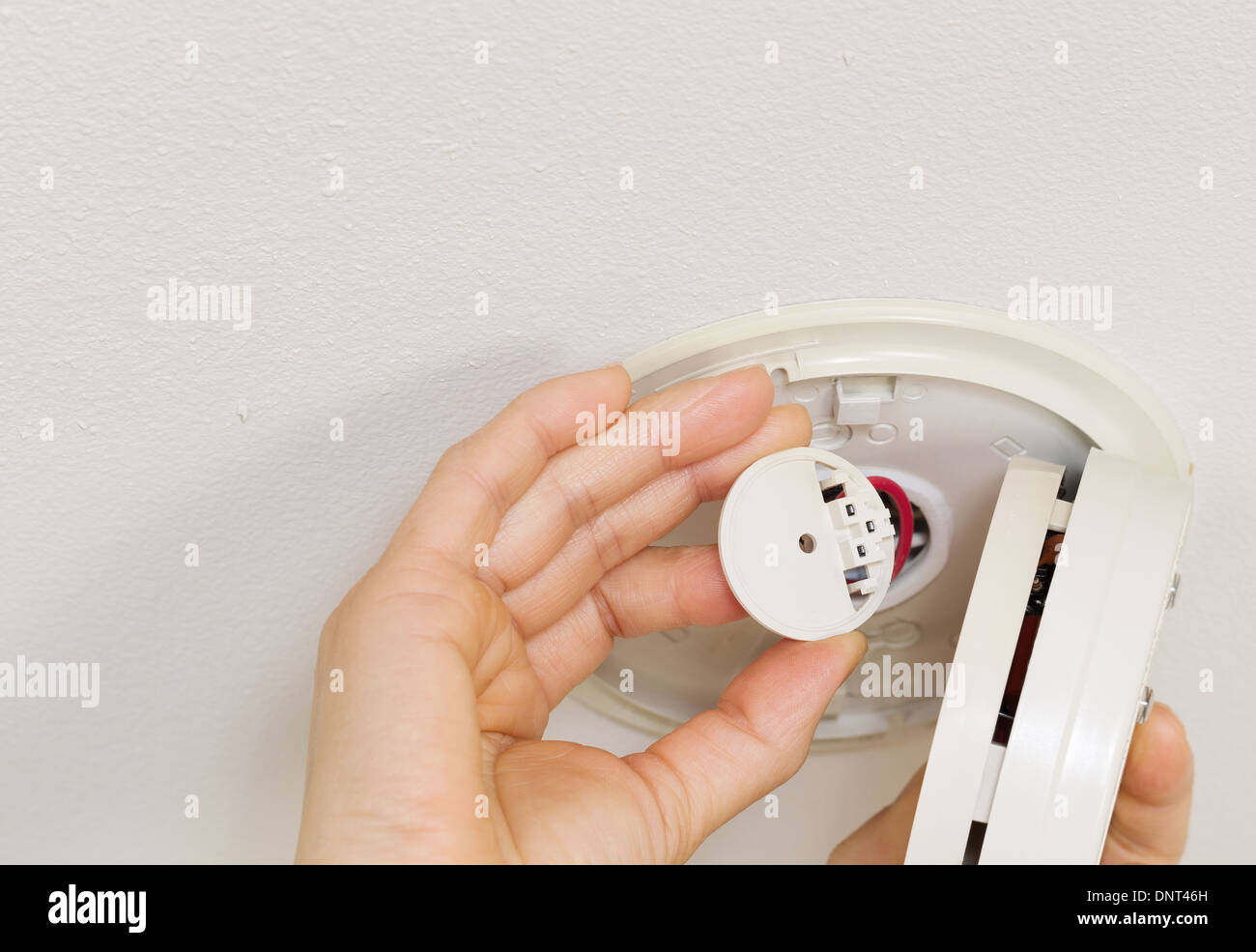 Horizontal photo of female hands examining home smoke detector with ...