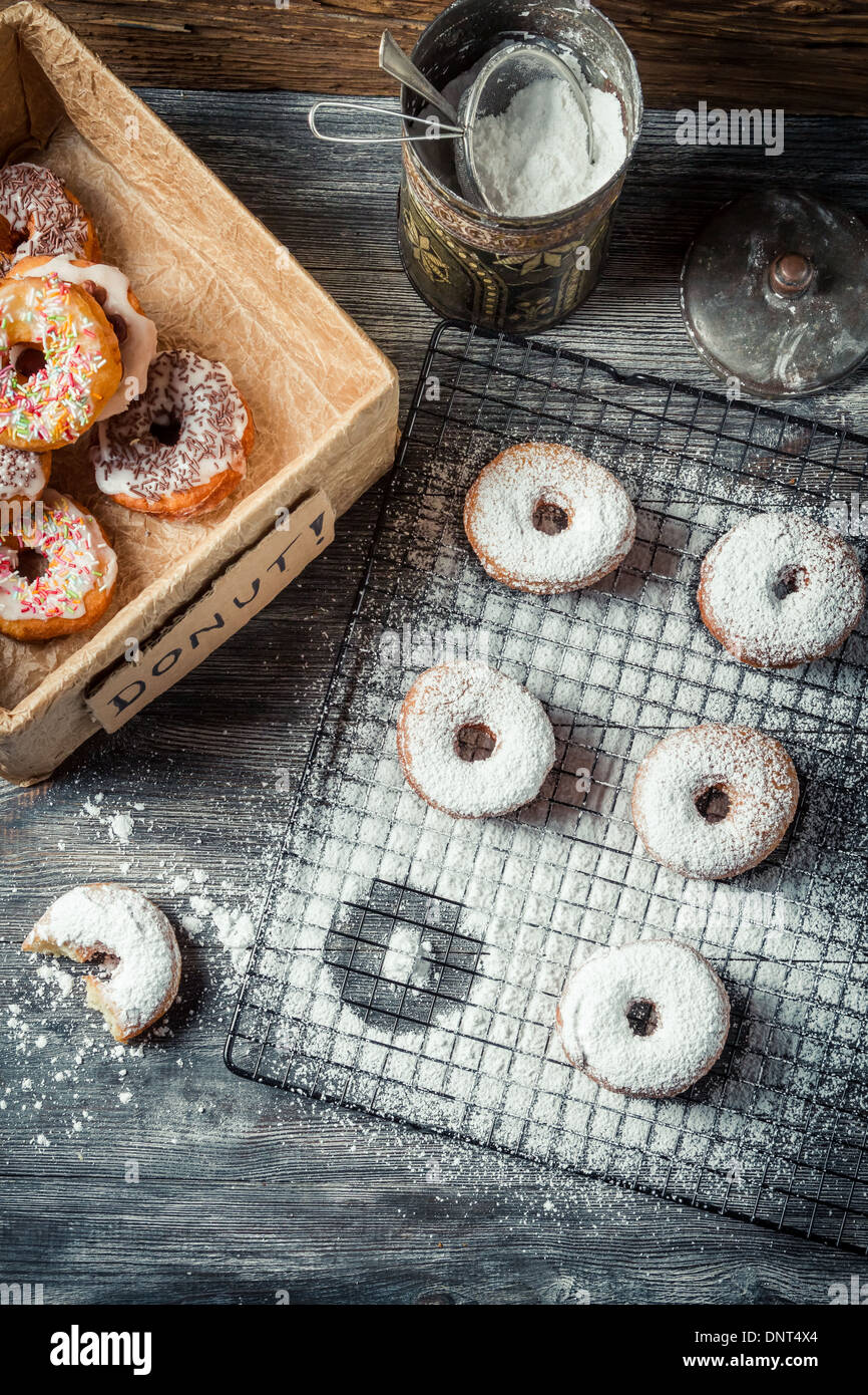 Tasting sweet donuts with icing sugar Stock Photo - Alamy