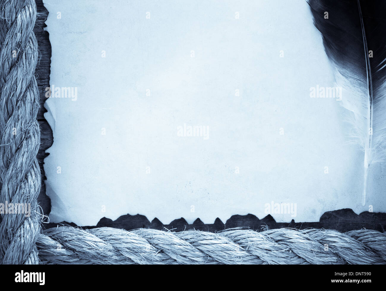 ship ropes and feather on old vintage ancient paper parchment ...